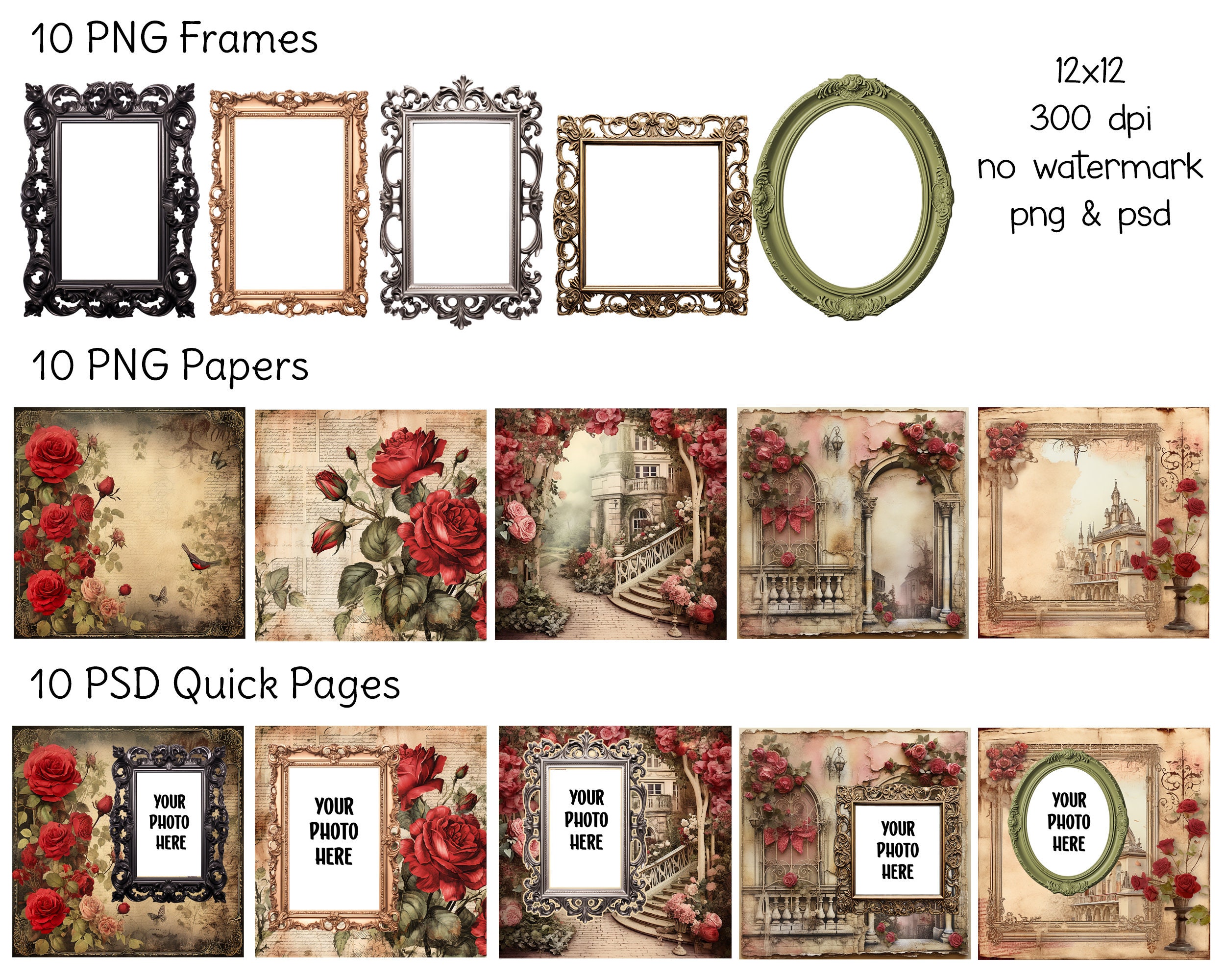 Vintage Scrapbook Paper Kit Red Rose Garden Theme Digital Papers ...