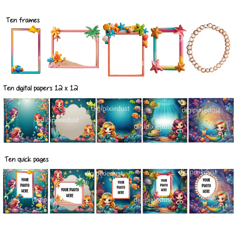 Mermaid Scrapbook Paper Kit Fantasy Theme | Digital Papers, Frames ...