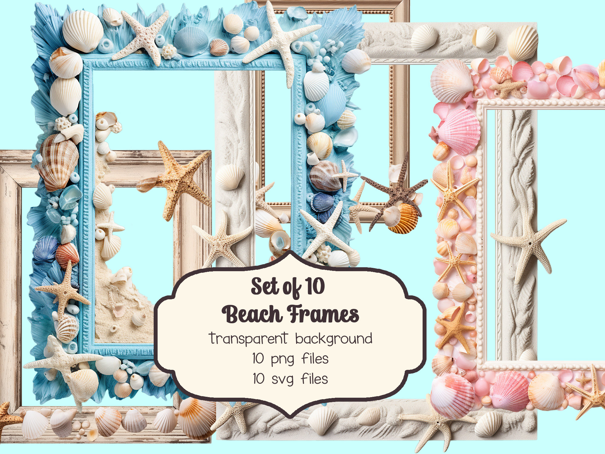 Beach Frames Clipart SVG and PNG, Frames With Shells, Wood Frame Border ...