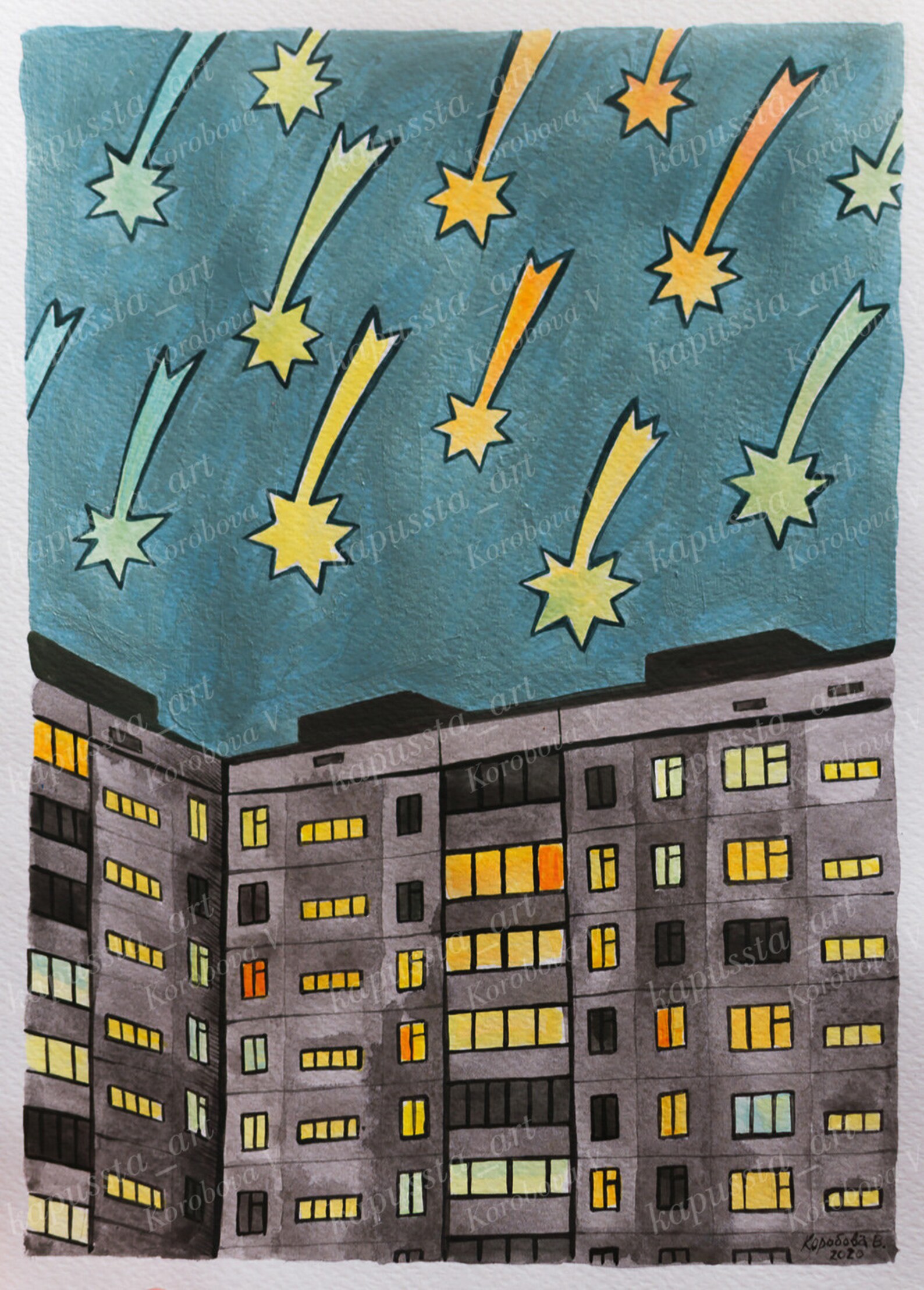 Starfall City Evening Original Acrylic Painting Meteor Rain - Etsy