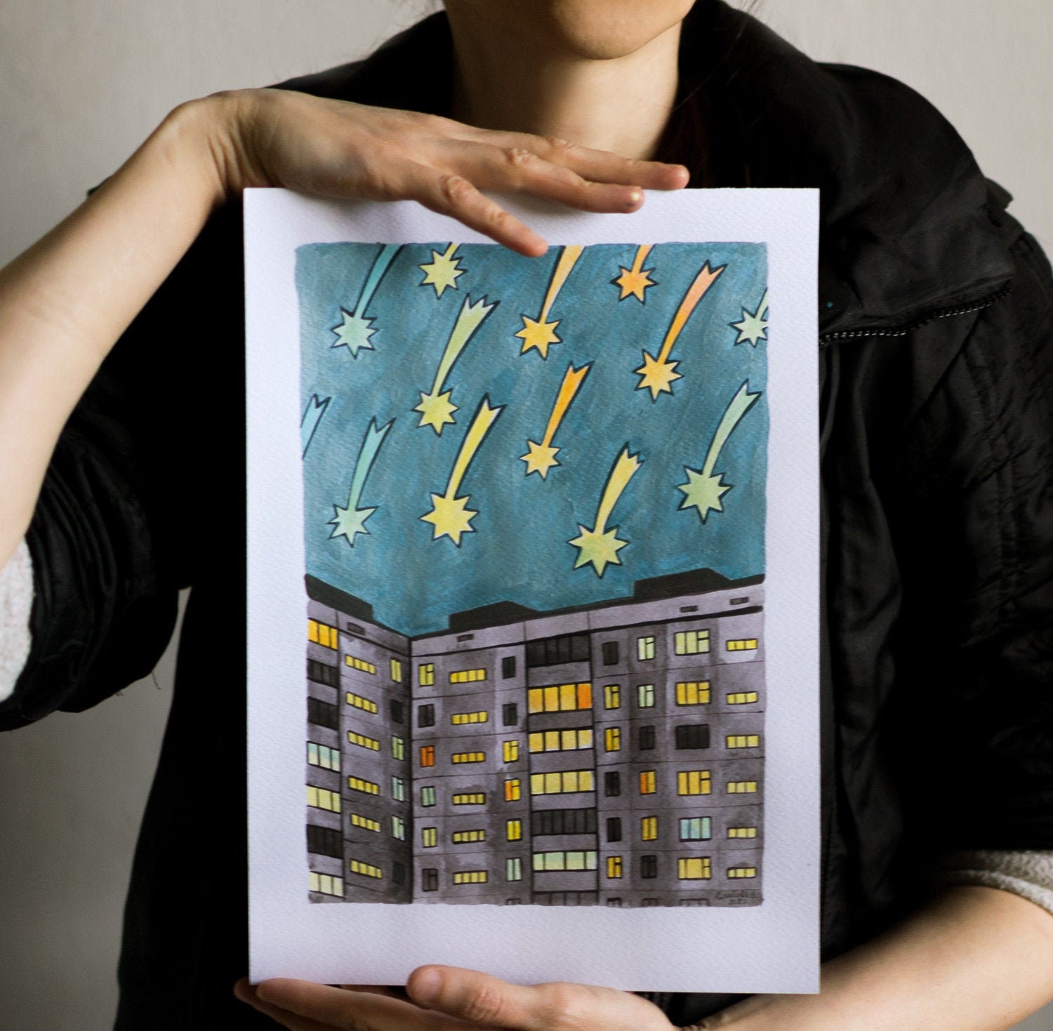 Starfall City Evening Original Acrylic Painting, Meteor Rain Art Home ...