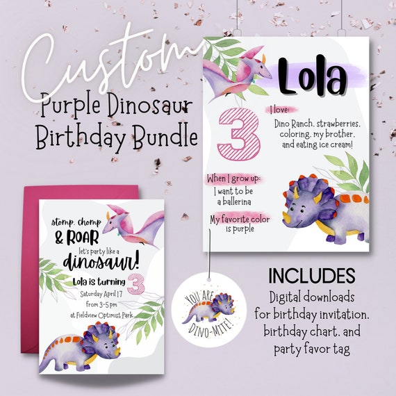 Girly Pink and Purple Dinosaur Theme Birthday Bundle Digital - Etsy