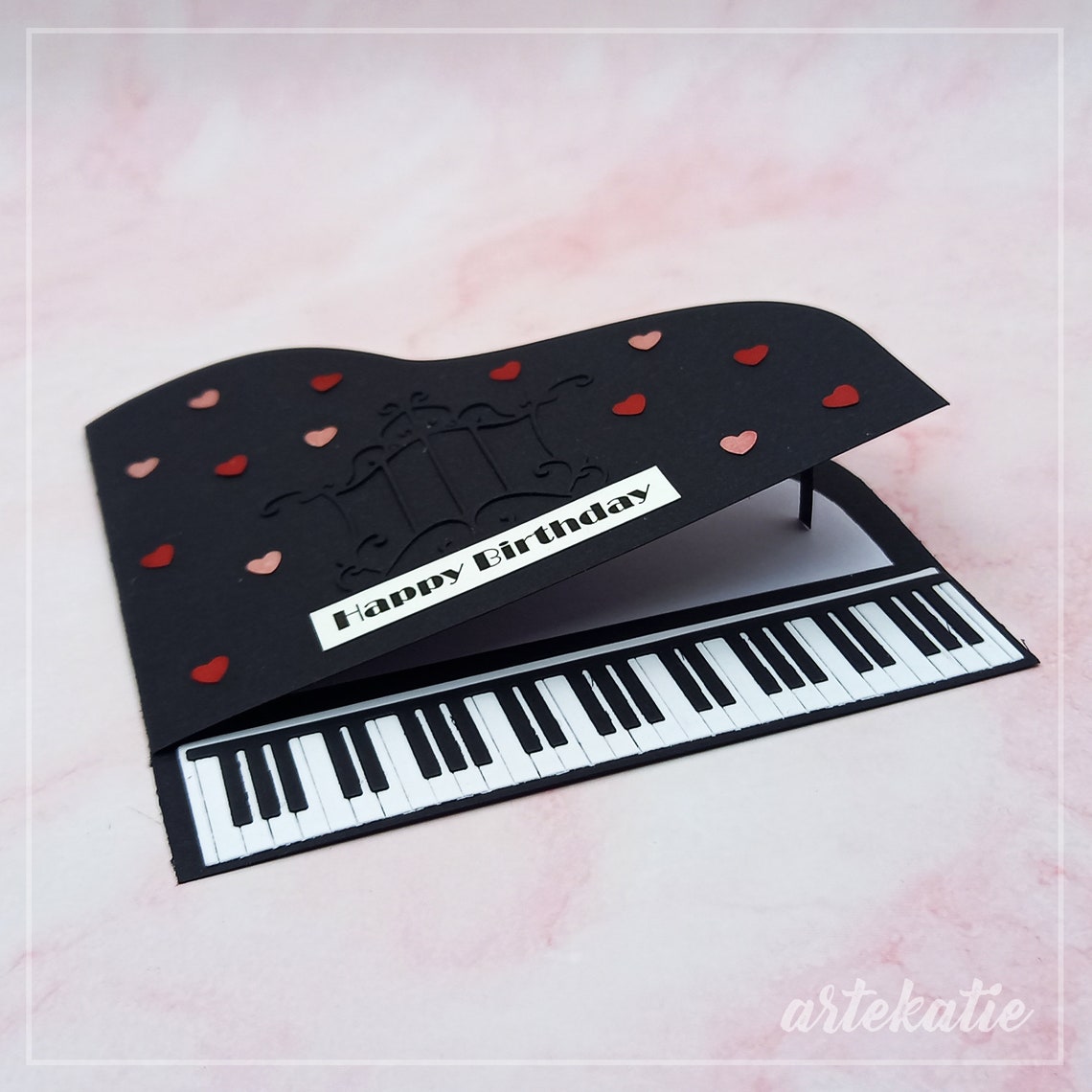 Black Piano Handmade Card With Hearts, Birthday Card for Musician or ...