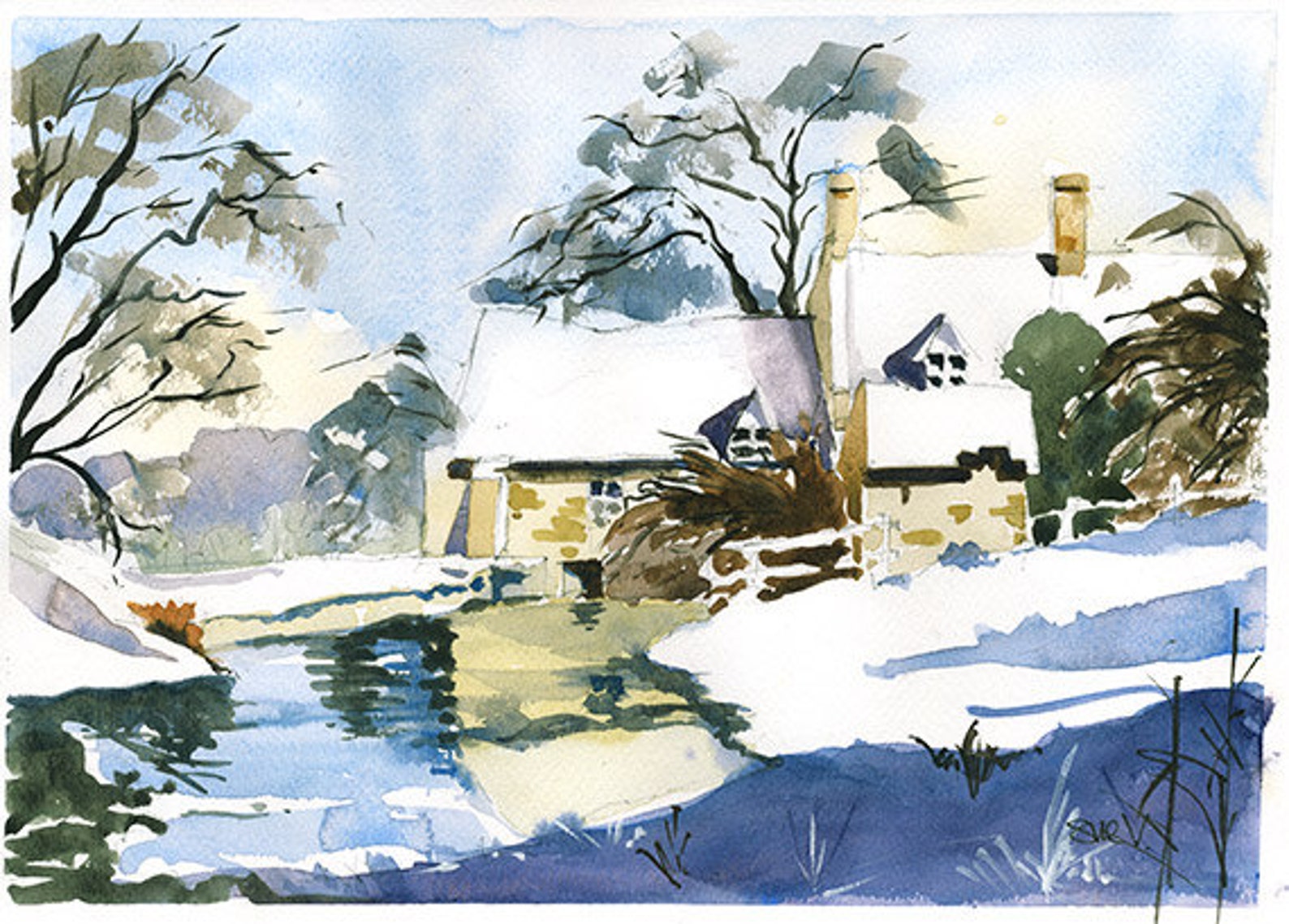 Mill Cottages in the Snow MOUNTED Giclee Print From Watercolour ...