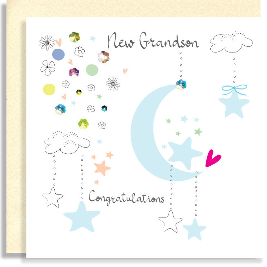 New Grandson Blue Moon and Stars Card - New Granddaughter Card - Cute ...