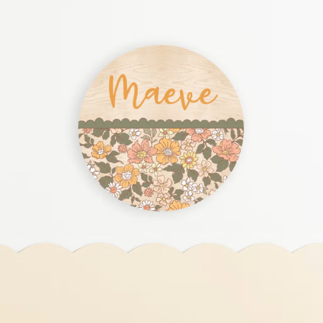 Floral Round Name Sign | 18" Round Wood Circle With Printed Name With ...