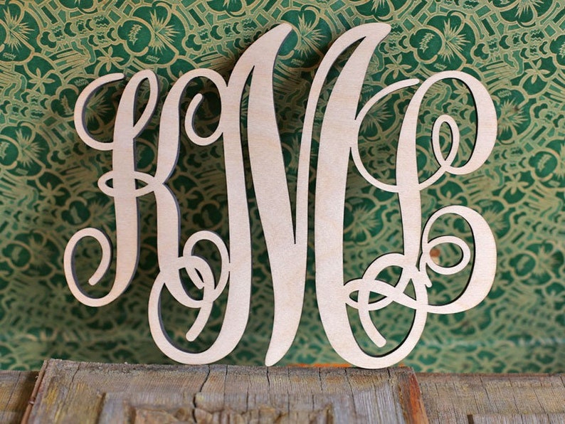 Three Connected Wood Monogram Letters | Unpainted Script Wood Monogram ...