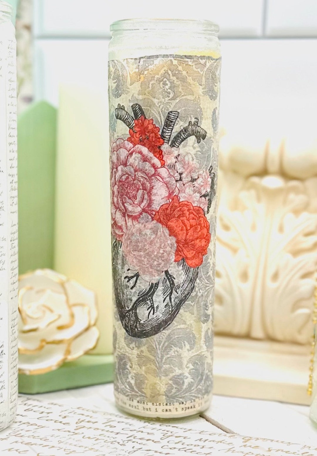 Anatomical Heart and Flower Candle, Glass Candle, Prayer Candle, Altar ...