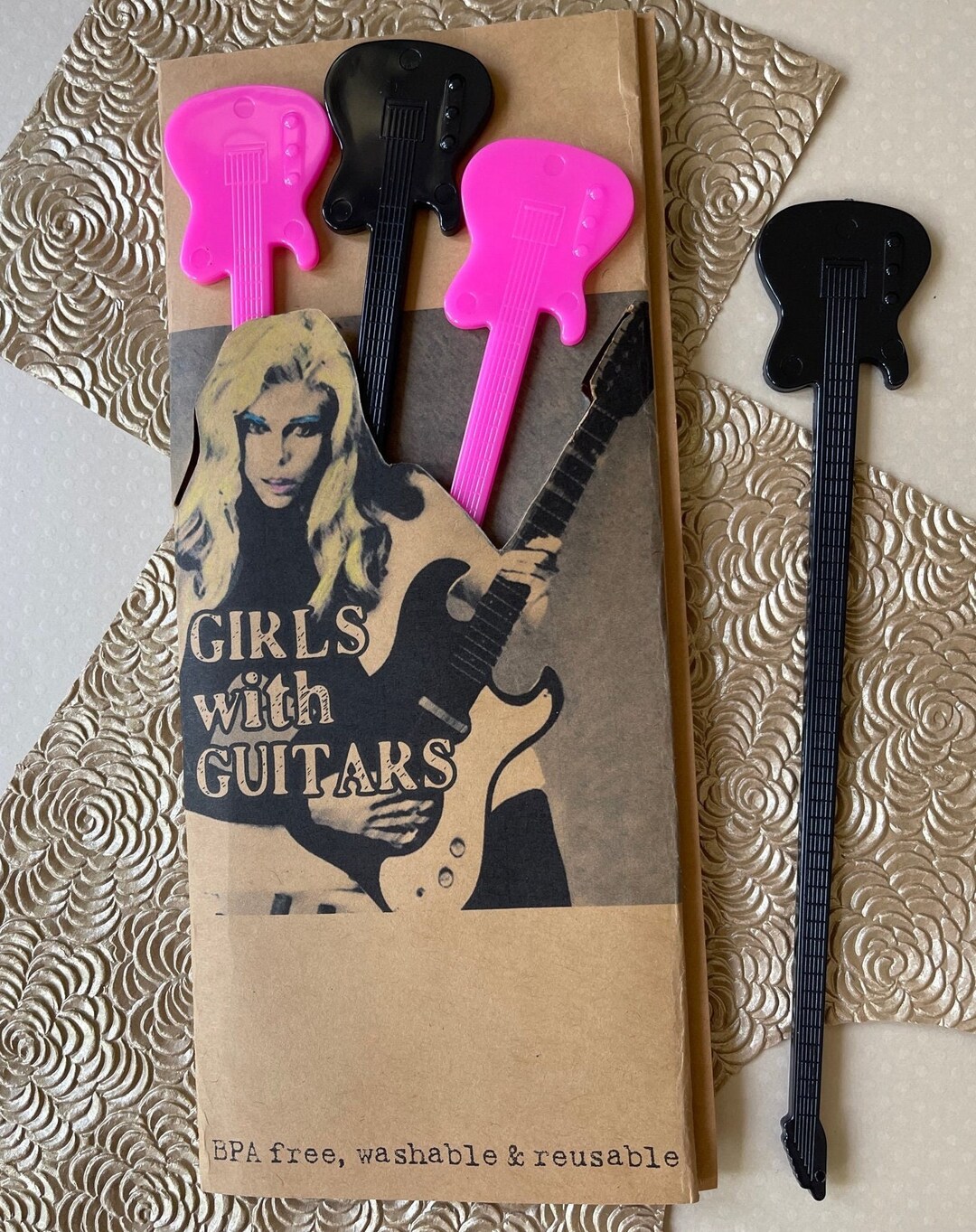 6 Guitar Stir Sticks Pack, Girls and Guitars, Drink Stirrer, Musician ...