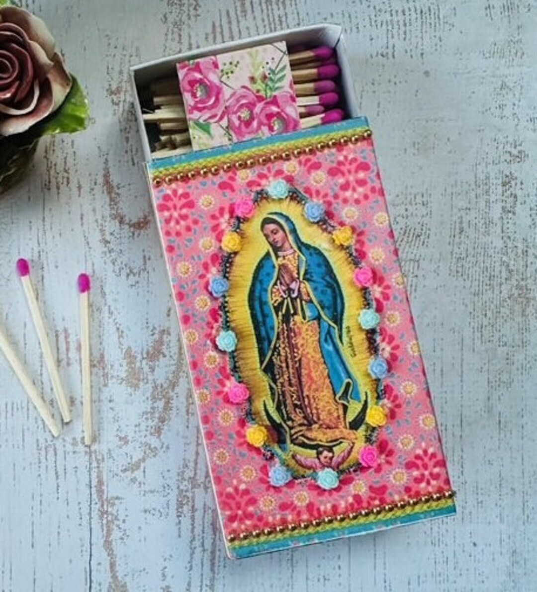 Our Lady of Guadalupe Matchbox, Religious Art, Candle Present, Up ...