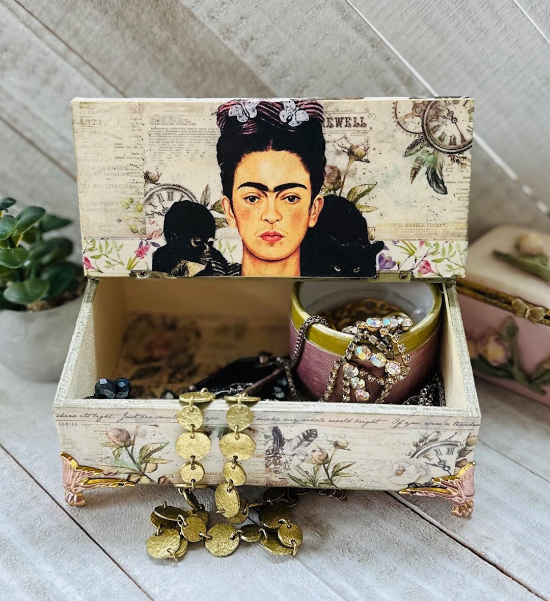 Up-cycled Frida Kahlo Keepsake Box, Jewelry Box, Repainted Decoupaged ...