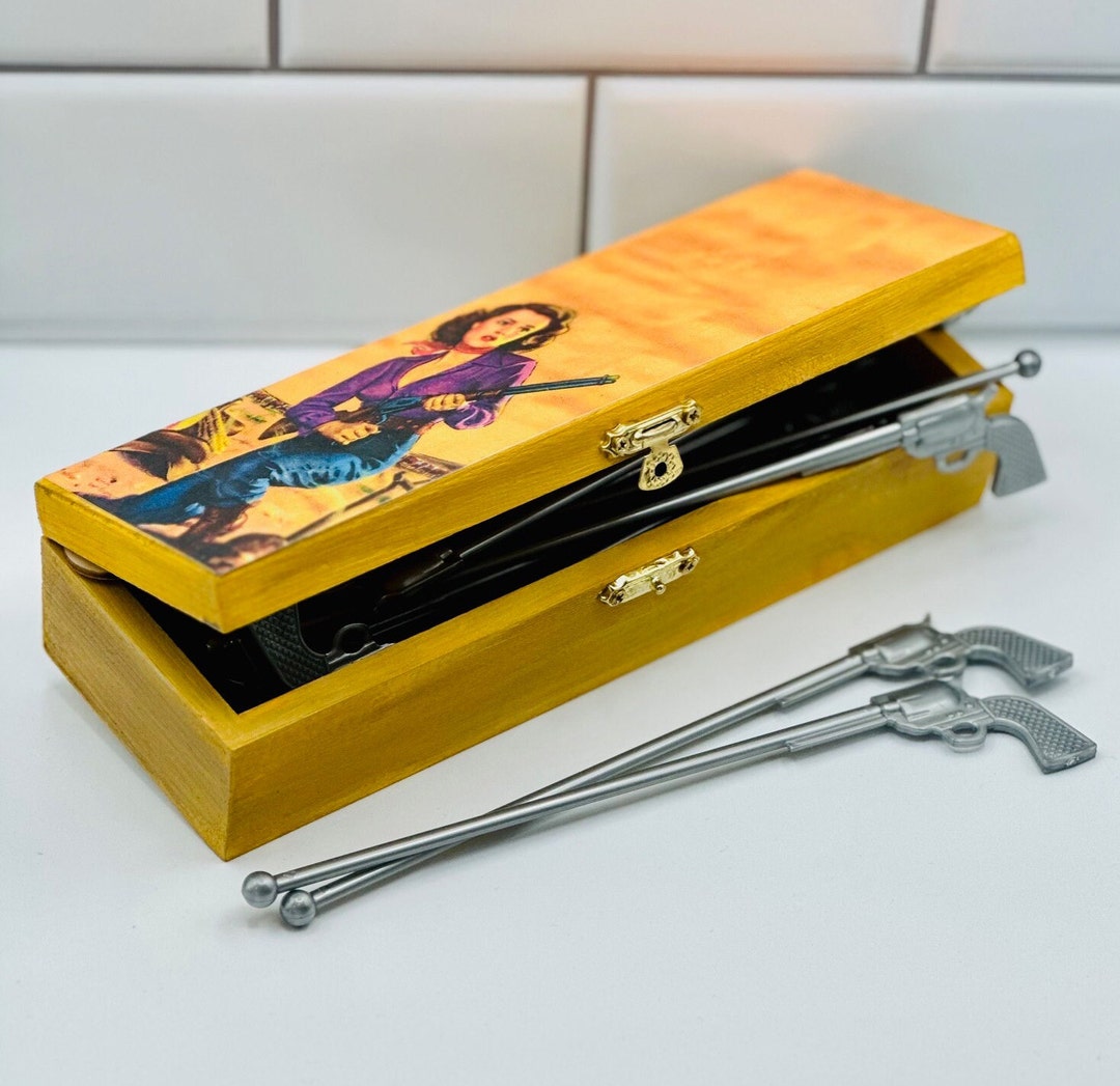 Hand Decorated Wooden Cowgirl Box of Gun Stir Sticks (12 Pcs) Keepsake ...