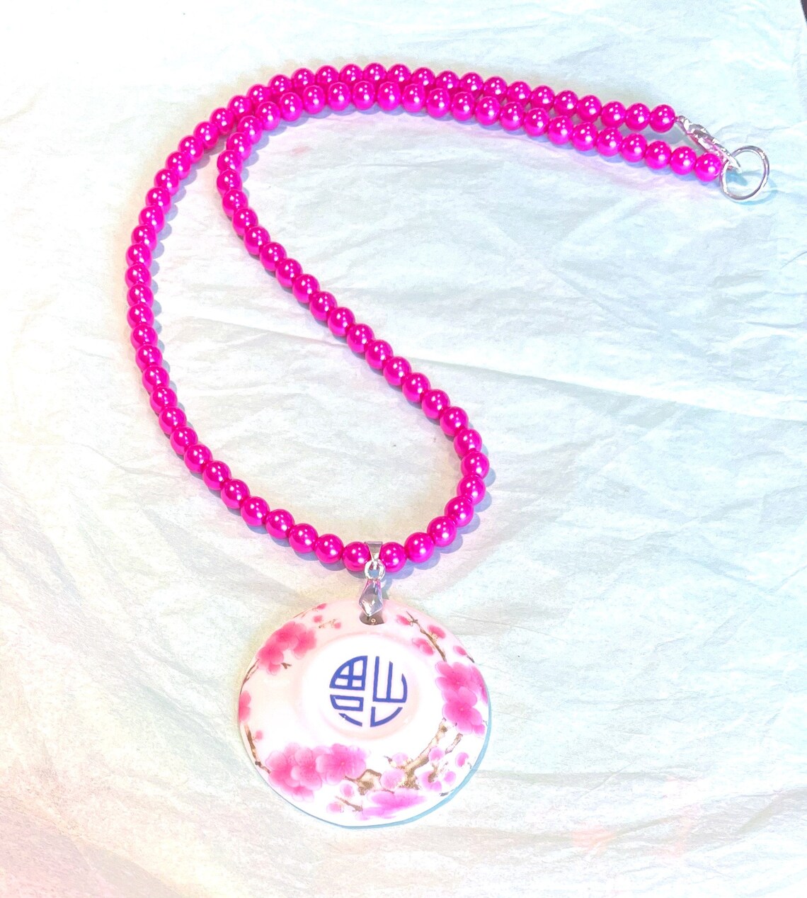 Rose Pink Gilded Lotus Ceramic Pendant Necklace, Rose Pearl Round Glass ...