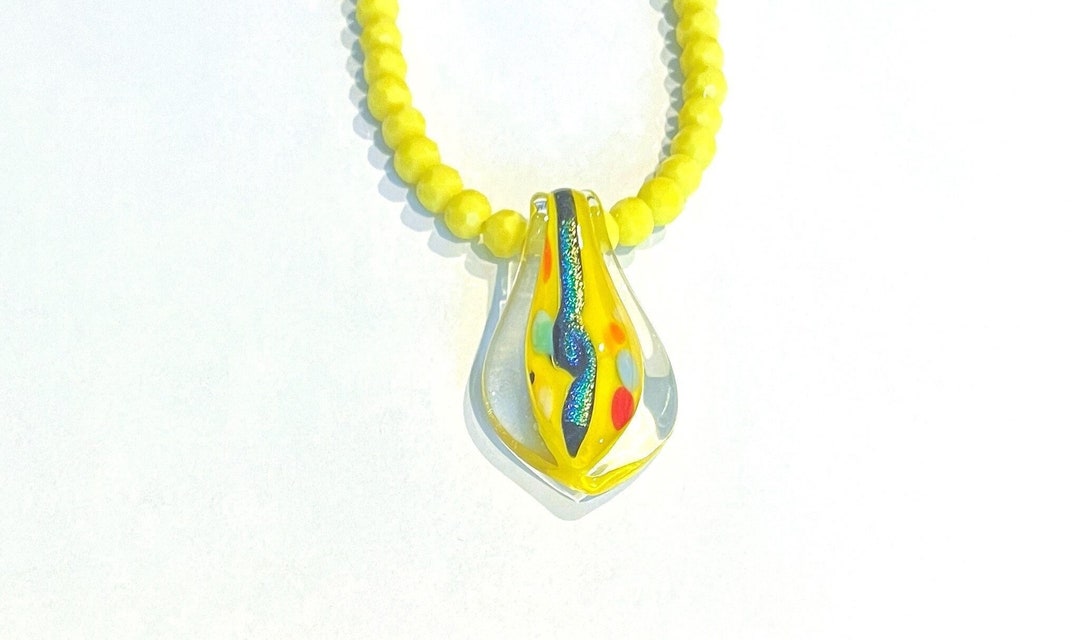 Yellow Lampwork Glass Necklace, Art Glass Yellow Pendant Necklace ...