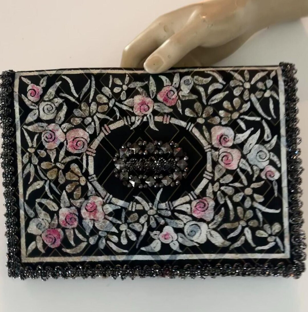 Rare 1920s Envelope Clutch, Mirco Glass Beads, Cut Steel , Hand Painted ...