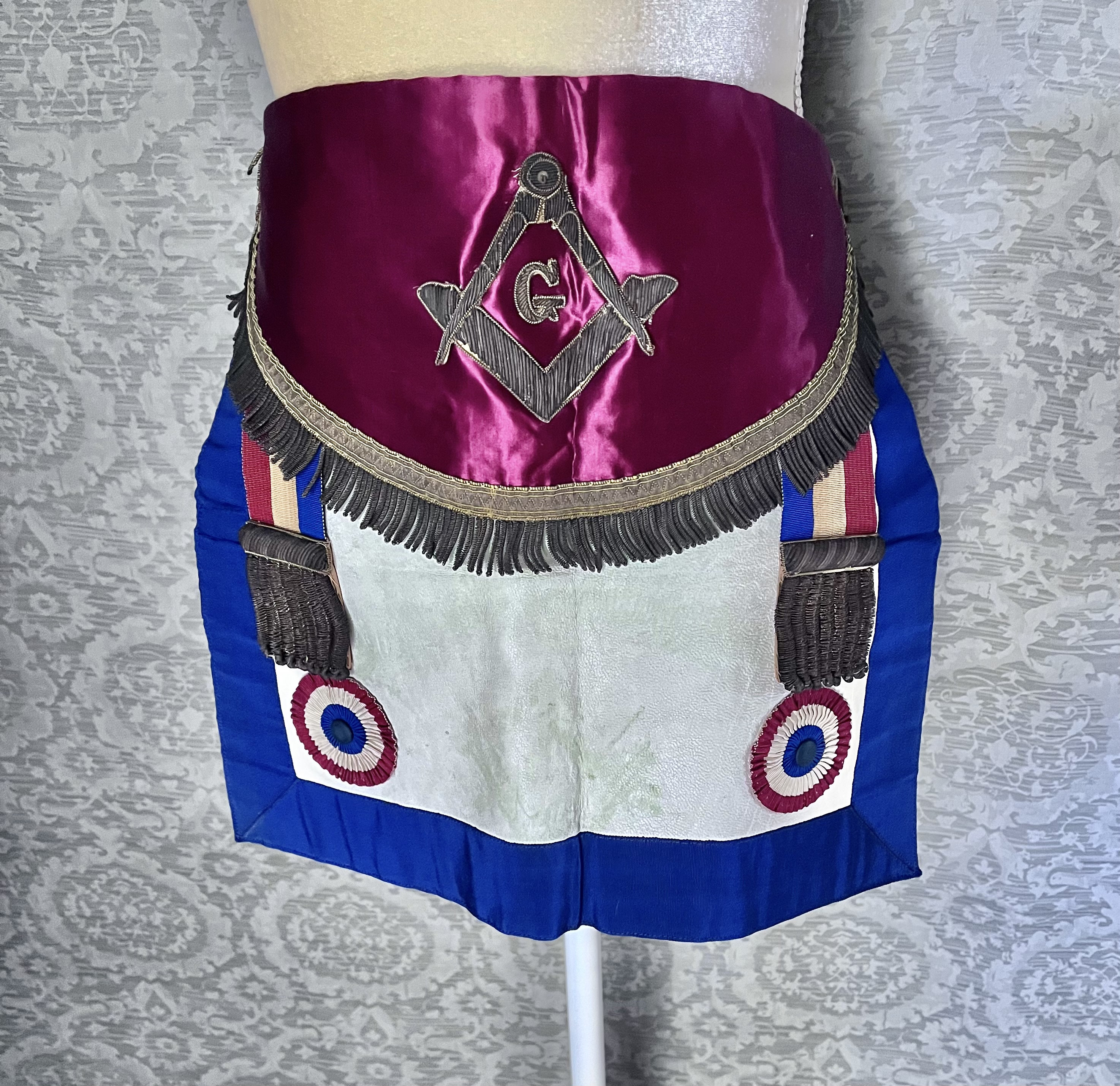Stunning Masonic Apron, Red White & Blue Rosettes, Lush Bronze Bullion ...