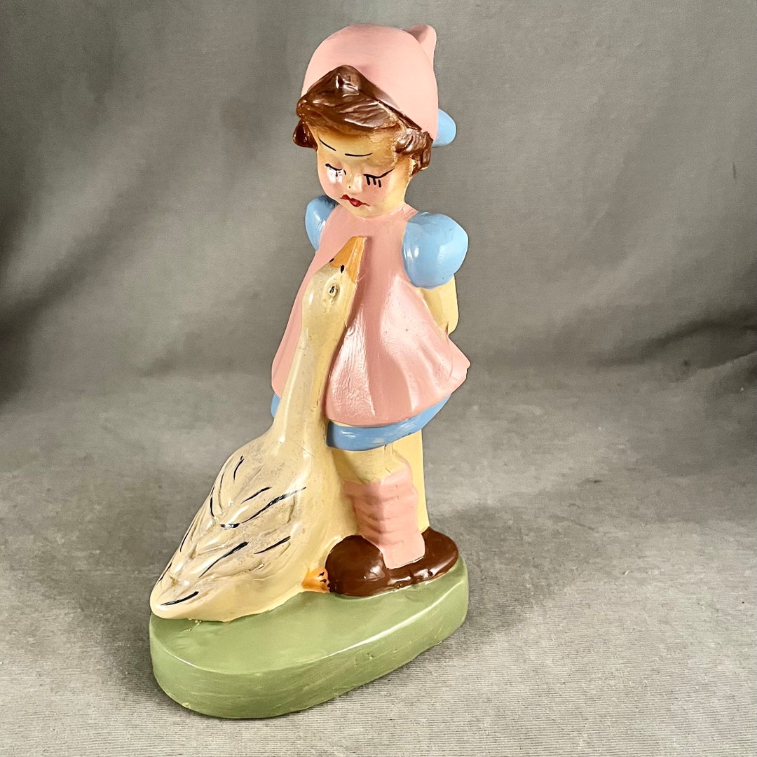Charming 1930s, 1940s Chalkware , Chalk Ware Girl & Goose Bookend ...