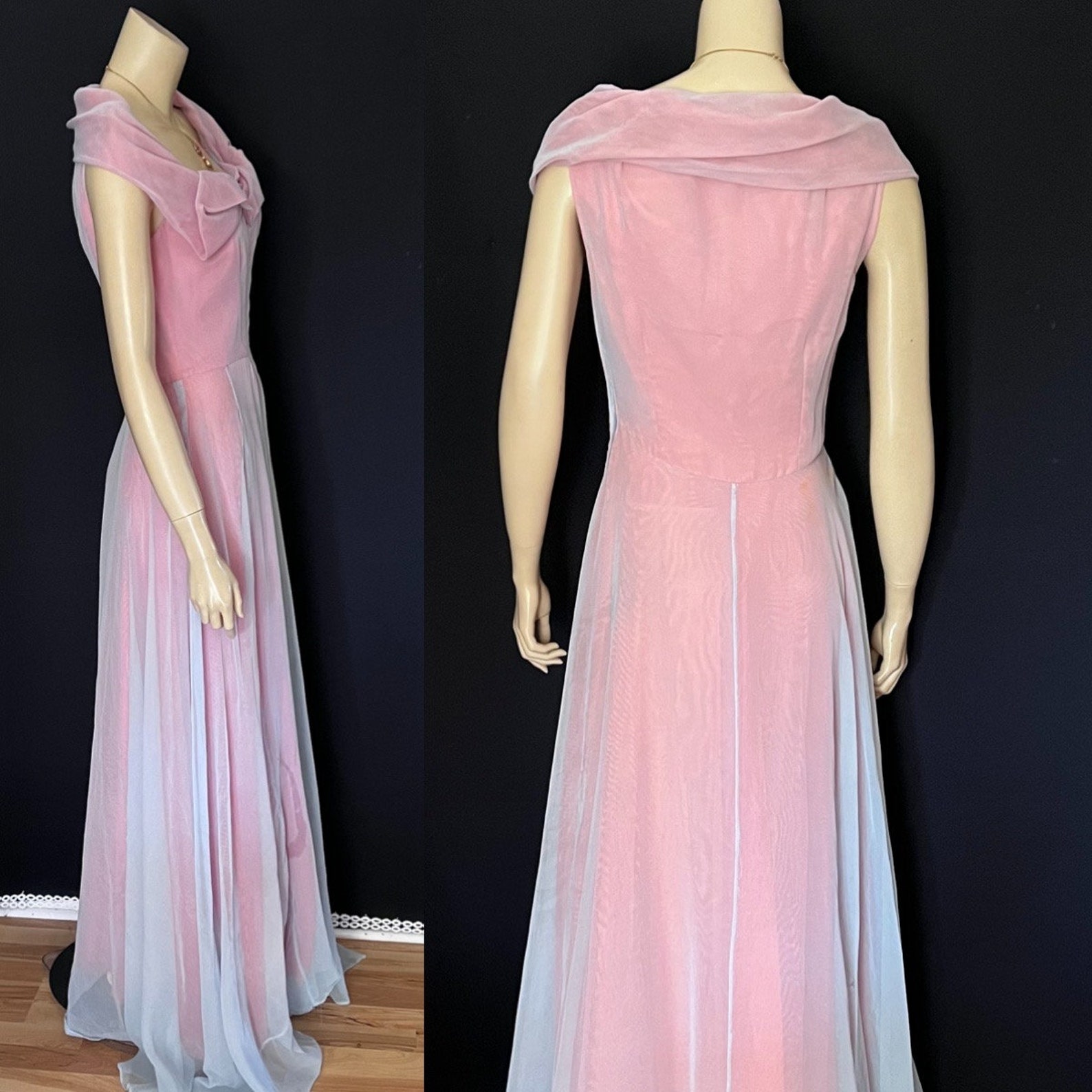 1950s Shimmering Pink / Blue Multi Layered Ball Gown, Fabulous Portrait ...
