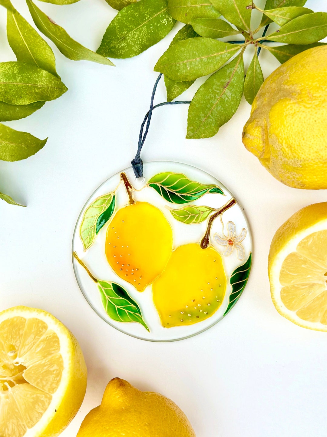 Hand Painted Lemons Glass Suncatcher, Citrus Plant Glass Ornament for ...