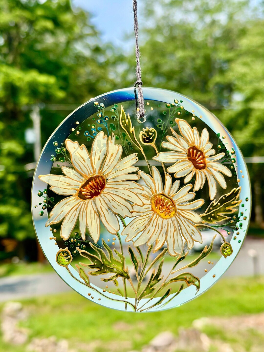 Hand Painted Daisies Floral Glass Suncatcher for Window, Botanical ...