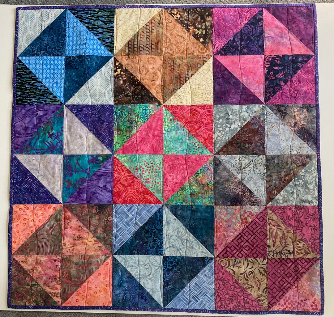 Modern Batik Quilt: Bright Triangle Diamond Pattern; Fiber Art ...