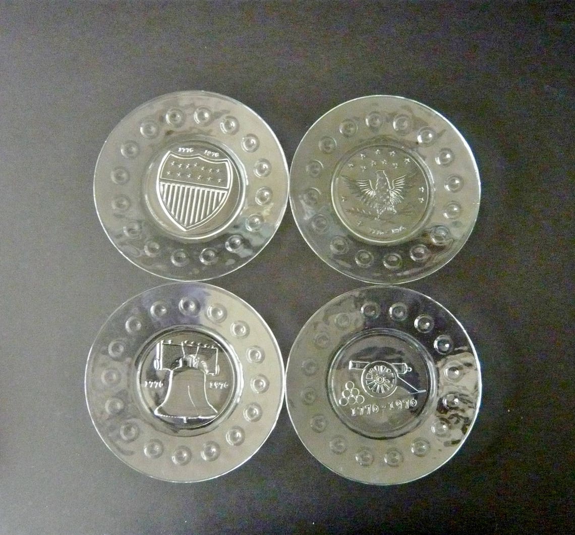 Set of Four Bicentennial Plates 1776 - 1976 8" Diameter Clear Glass ...