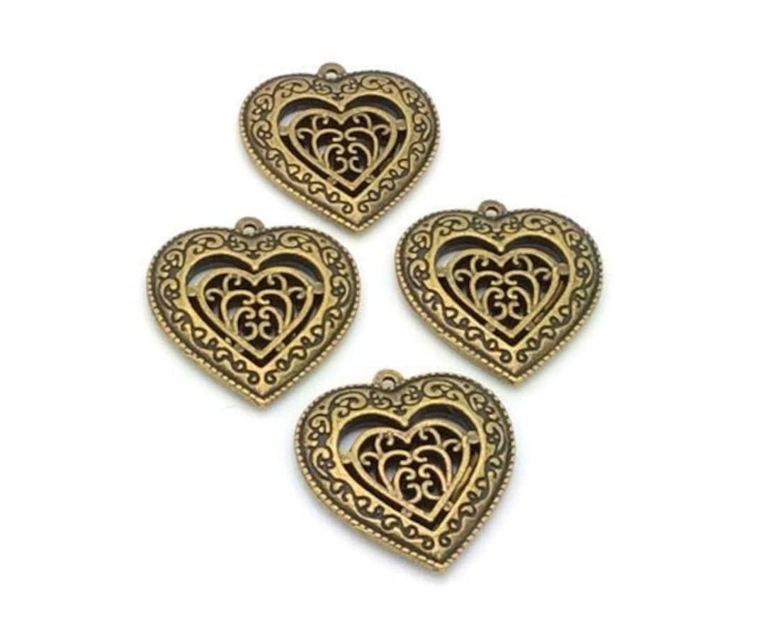 4 Antique Brass Lattice Heart Pendants, Double Sided Bronze Heart ...