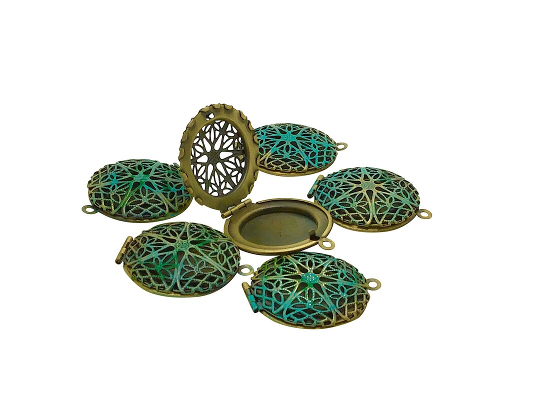 3 Verdigris Patina Vintage Brass Photo Lockets, Rustic Boho Round ...