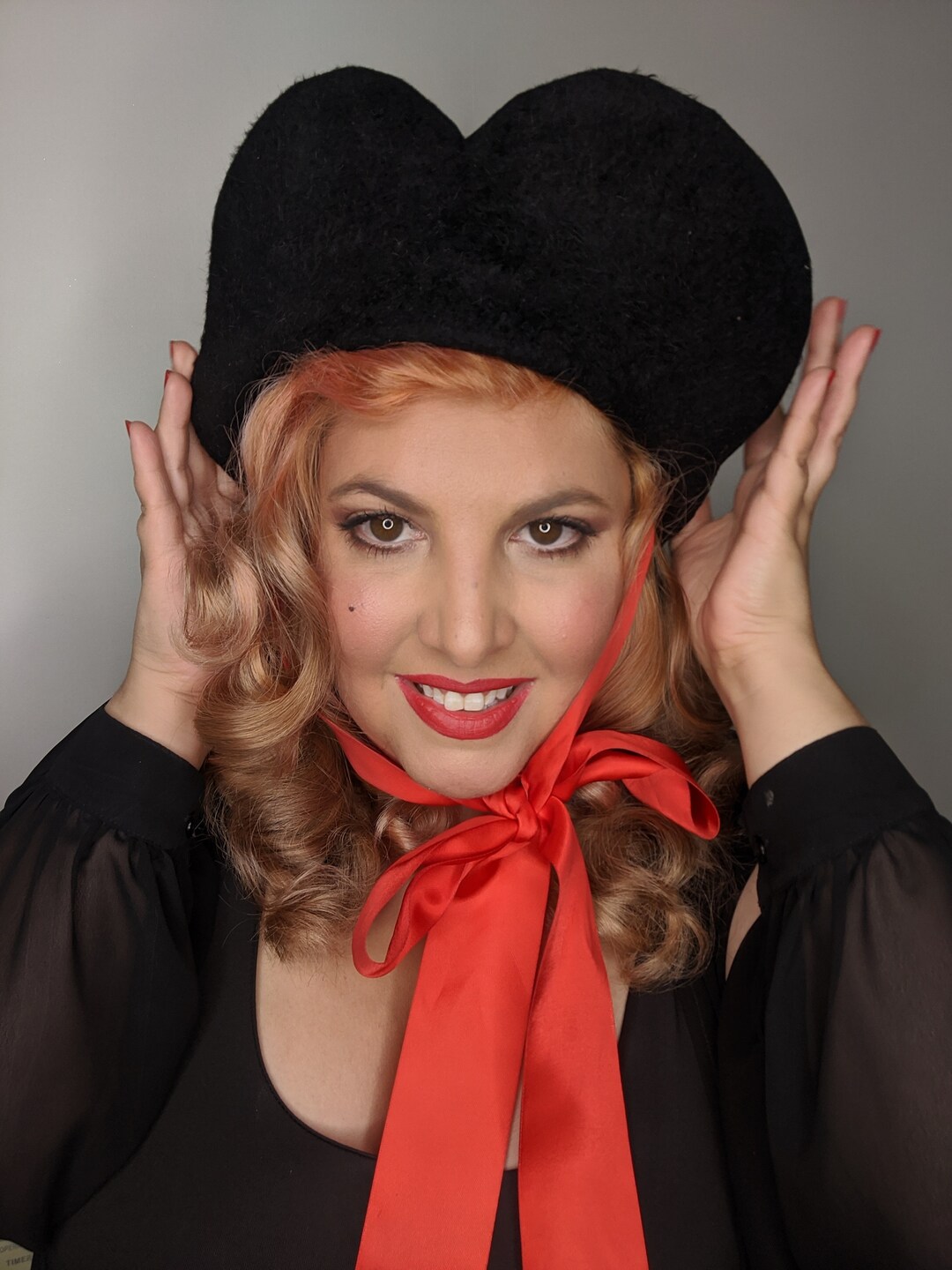 1940s Style Heart Hat – Black Velour Fur Felt Halo Bonnet, Valentine’s ...