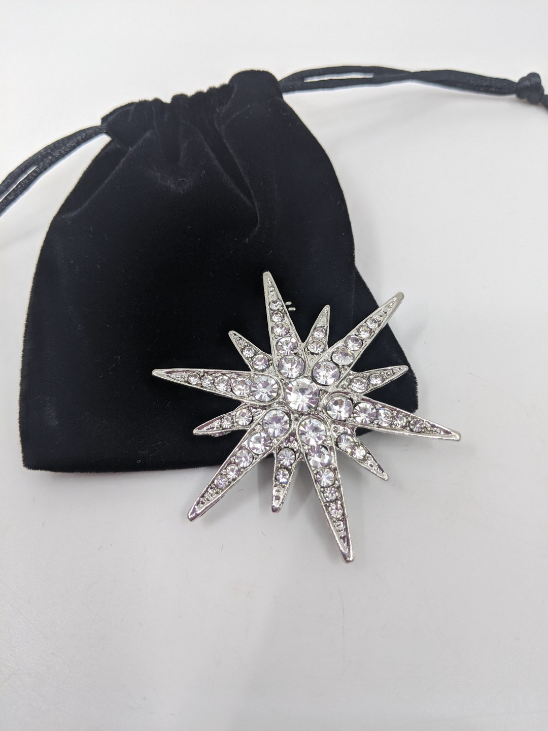 Starburst Silver Star Brooch, Large Star Brooch , Rhinestone Art Deco ...