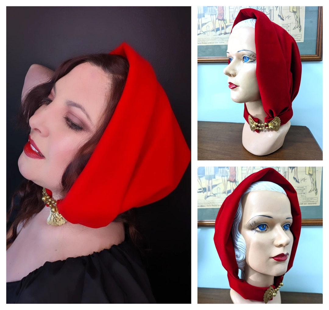 1940s Style Hat , 40s Velvet Hood Hat , Red Velvet Hood , Vintage Style ...