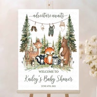 Editable Woodland Baby Shower Table Sign, Adventure Awaits Forest Baby ...