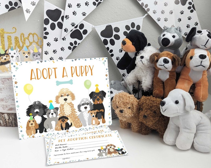 Adopt a Puppy Certificate and Puppy Favors, Puppy Party Adoption Cards ...