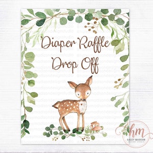 Woodland Diaper Raffle Drop off Sign, Deer Baby Shower Diaper Raffle ...