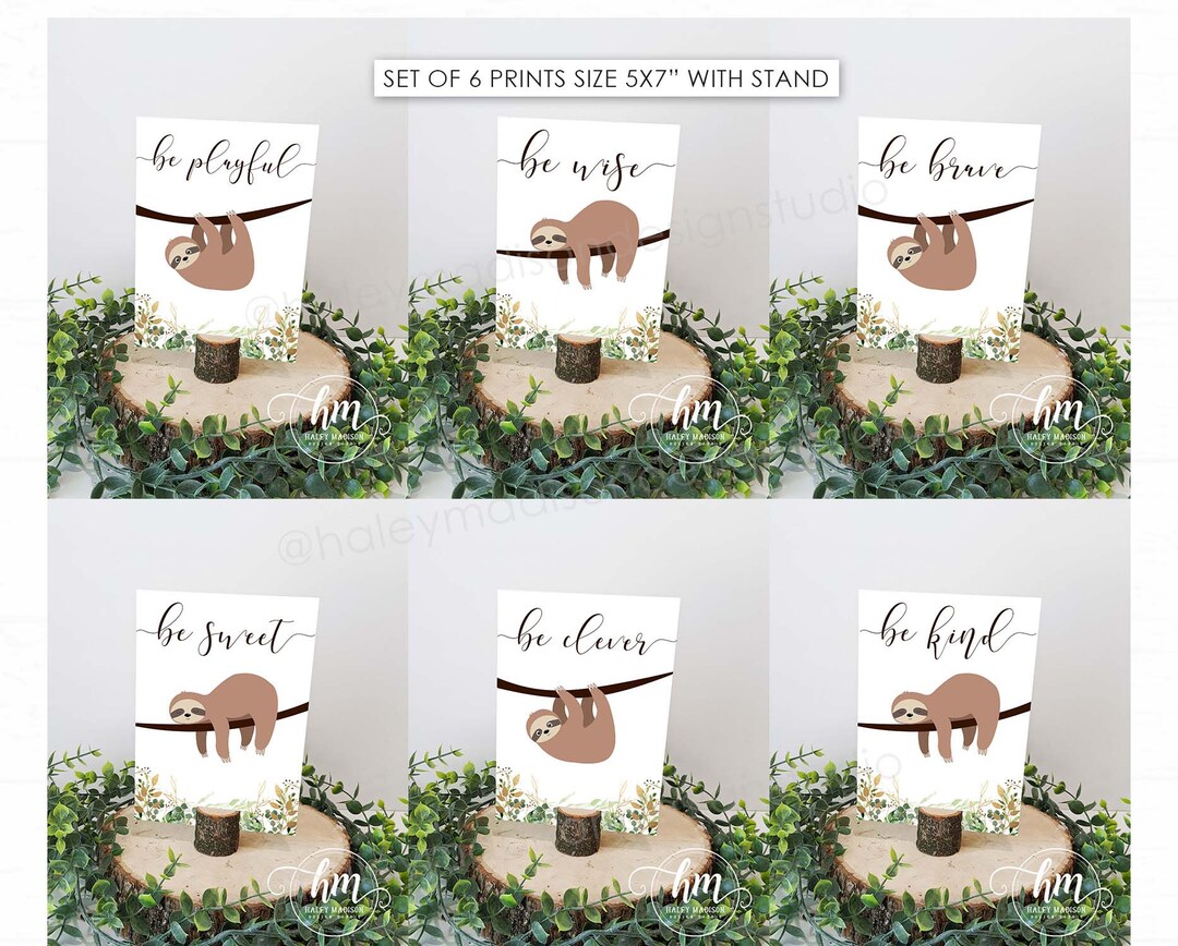Set of 6 Sloth Center Pieces, Size 5x7 With Small Wooden Stand, Sloth ...