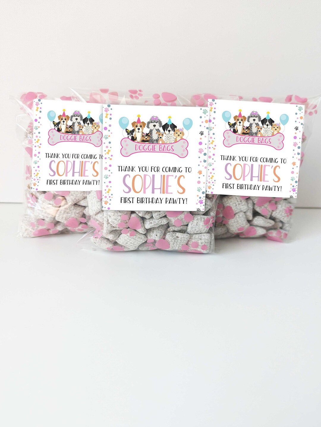 Set of 6 Treat Bags and Stickers, Pink Puppy Party Favor Bags ...
