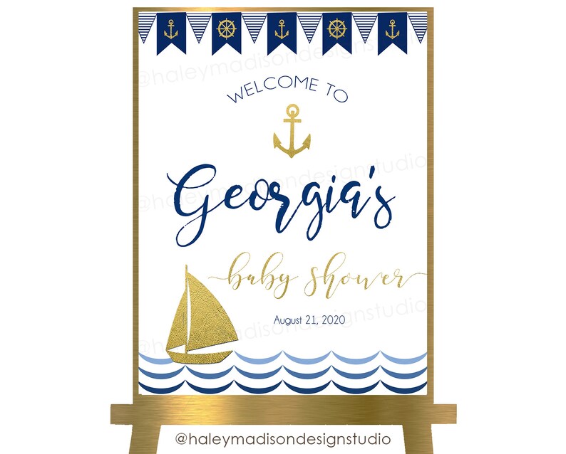 Nautical Baby Shower Welcome Sign Navy Blue and Gold Nautical - Etsy