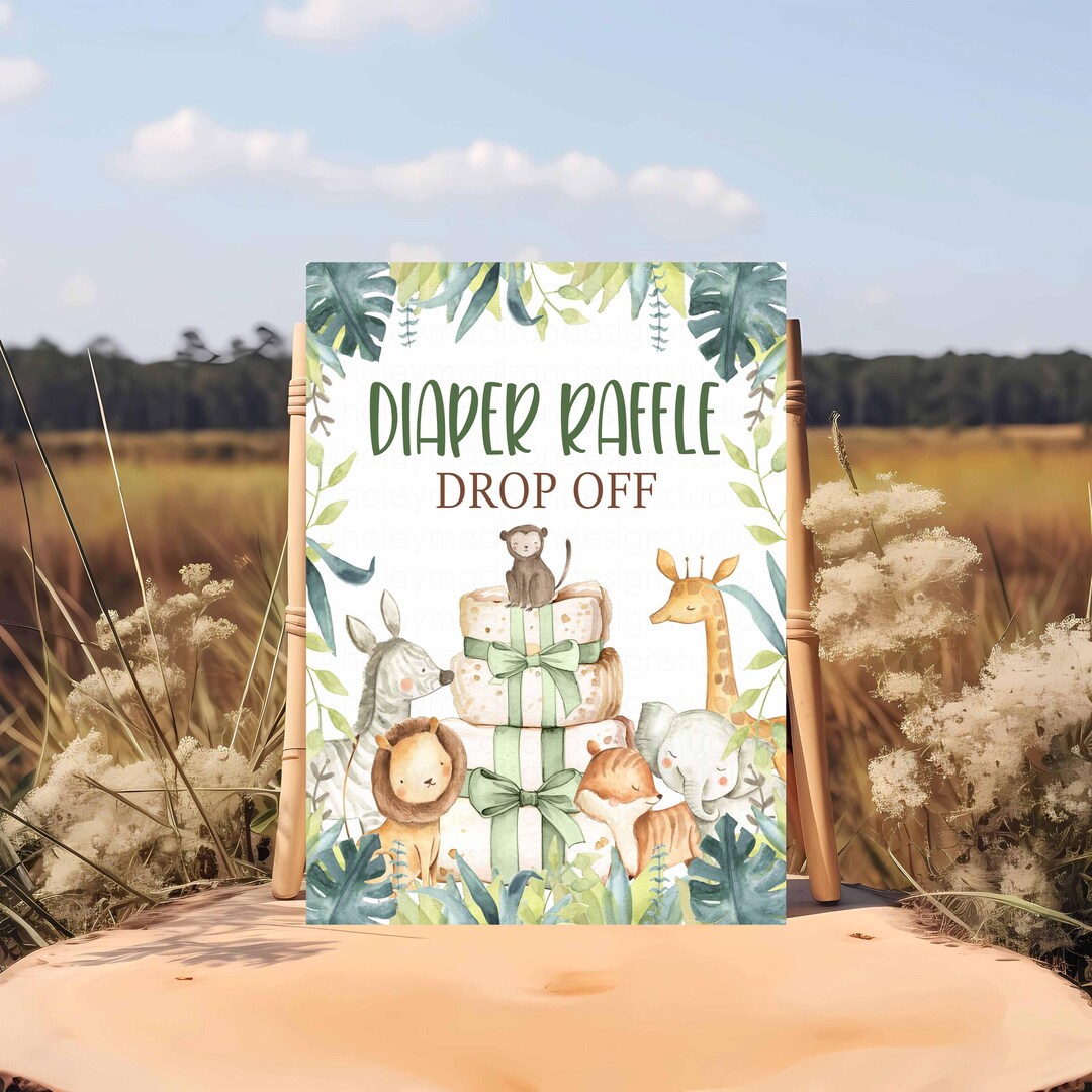 PRINTABLE Jungle Diaper Raffle Drop off Sign, Baby Shower Diaper Raffle ...