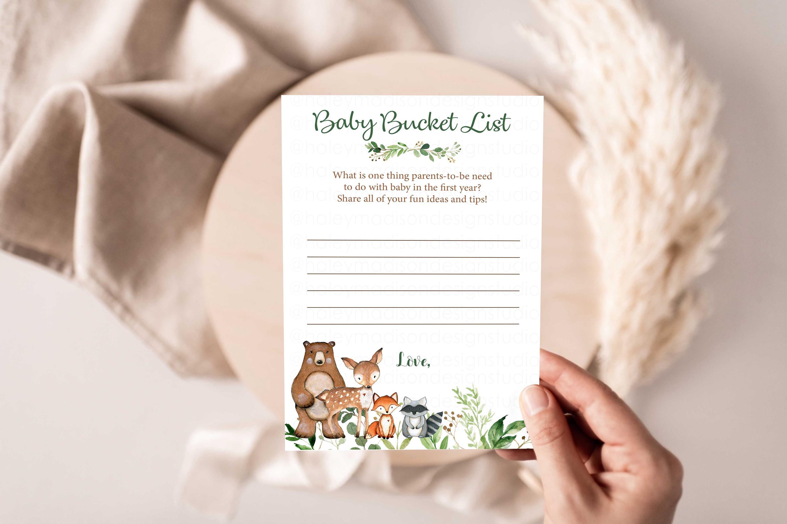 PRINTABLE Woodland Baby Bucket List Cards, Woodland Baby Shower Wishes ...
