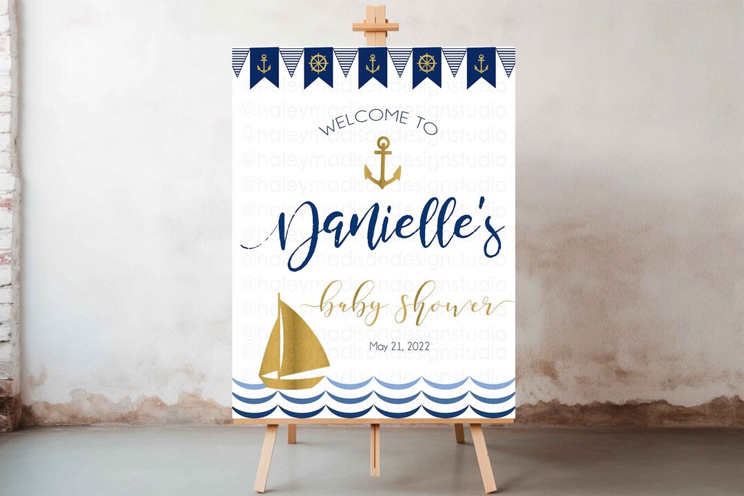 Nautical Baby Shower Welcome Sign, Navy Blue and Gold Nautical Baby ...
