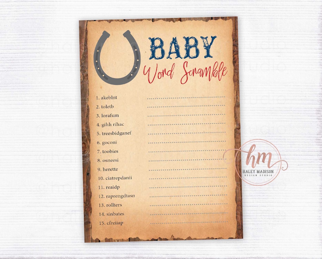Little Cowboy Baby Word Scramble Game, Western Cowboy Baby Shower Word ...
