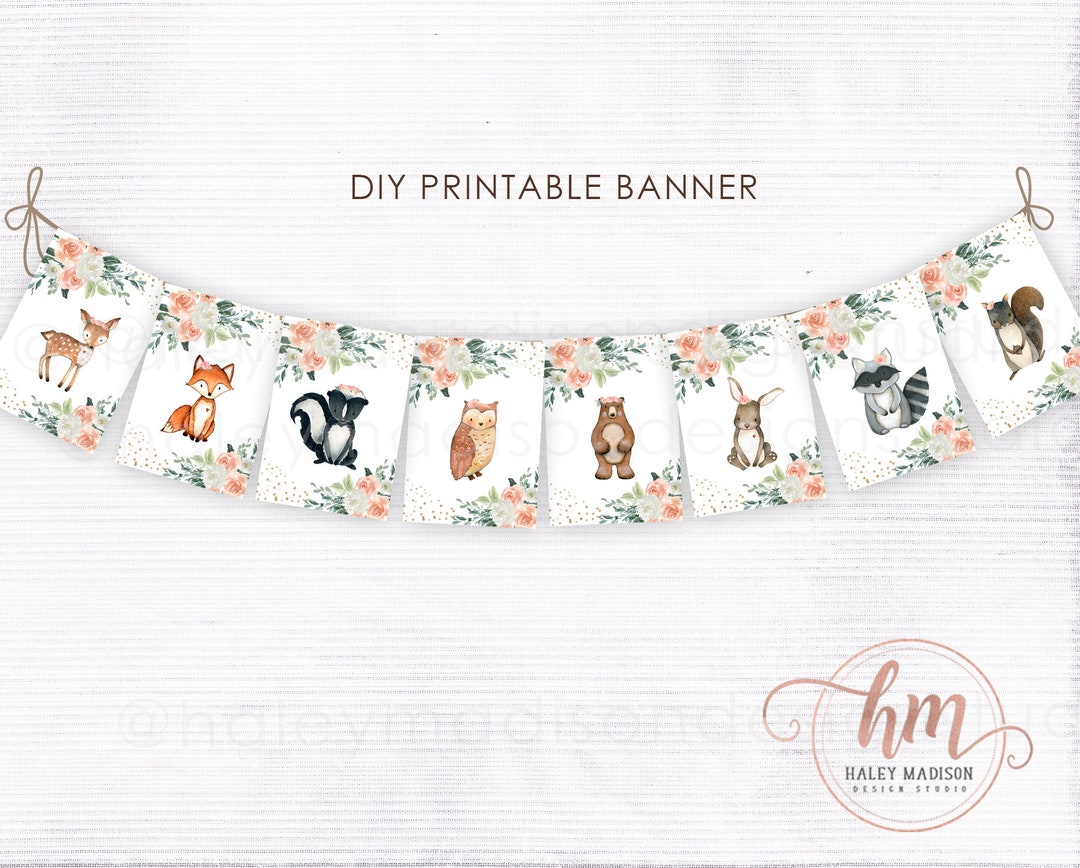 PRINTABLE Woodland Animals Banner, Floral Woodland Baby Shower Banner ...