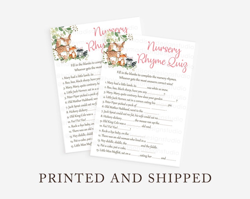 Pink Woodland Nursery Rhyme Game, Woodland Baby Shower Nursery Game ...