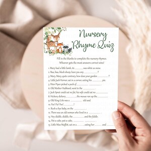 PRINTABLE Woodland Baby Shower Nursery Rhyme Quiz Game, Woodland Games ...