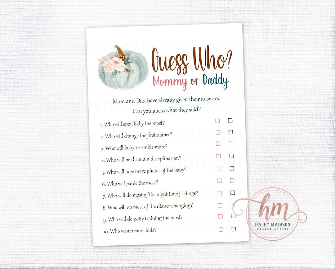 Rustic Pumpkin Baby Shower Guess Who Game Cards, BLUE Pumpkin Baby ...