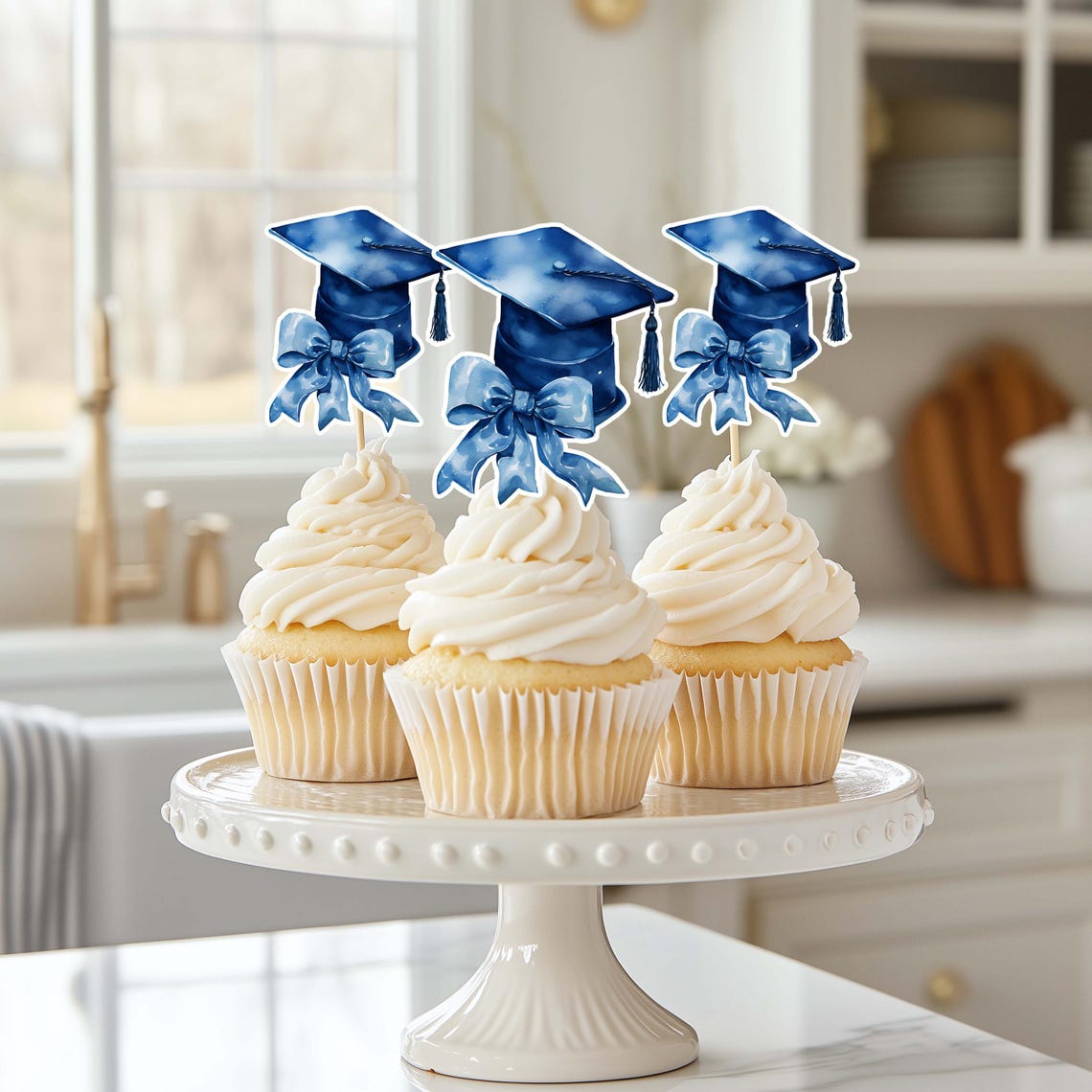Blue Bow Graduation Cap Cupcake Toppers, Graduation Party Decoration ...