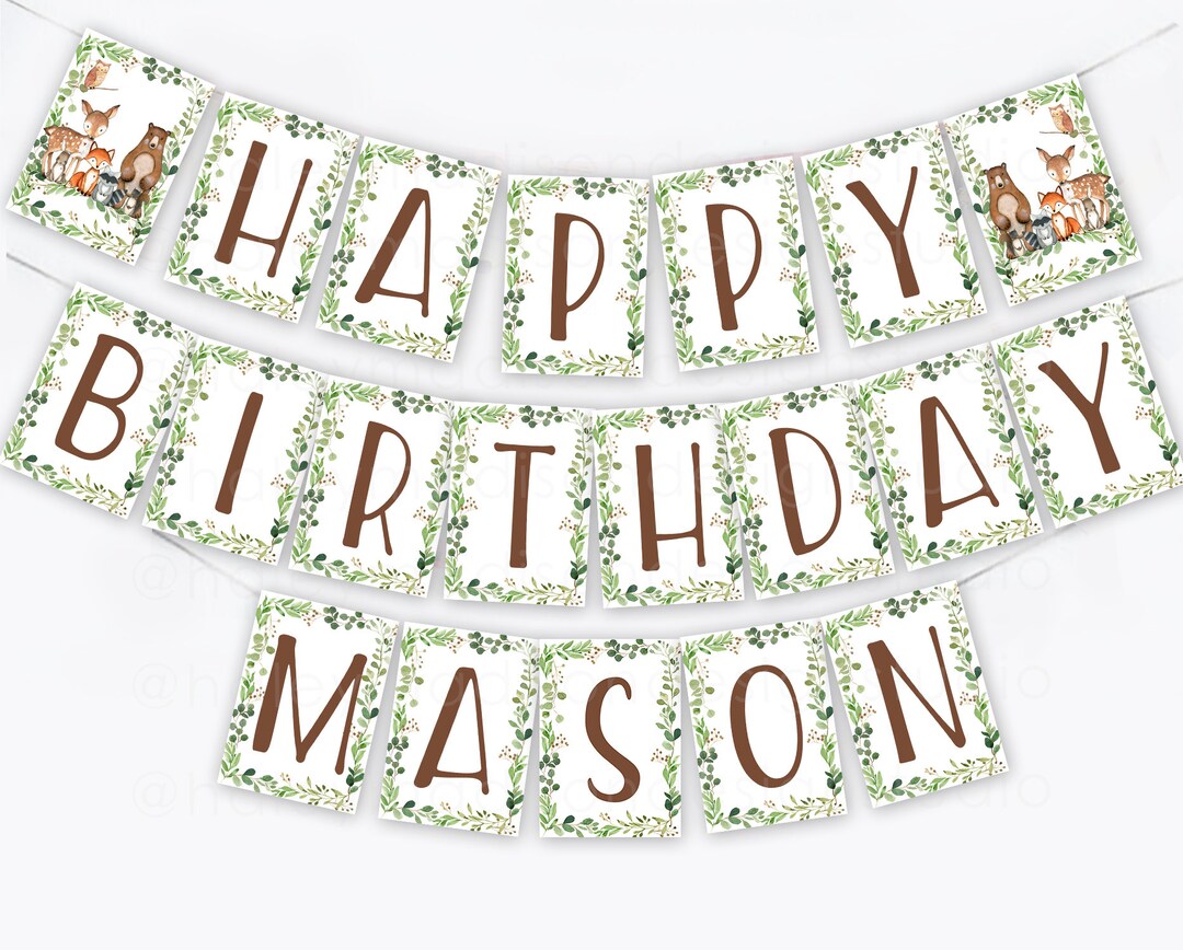 Woodland Happy Birthday Banner, Woodland Greenery Birthday Party Banner ...