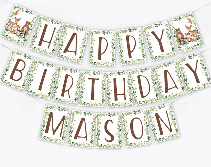 Woodland Happy Birthday Banner Woodland Greenery Birthday - Etsy