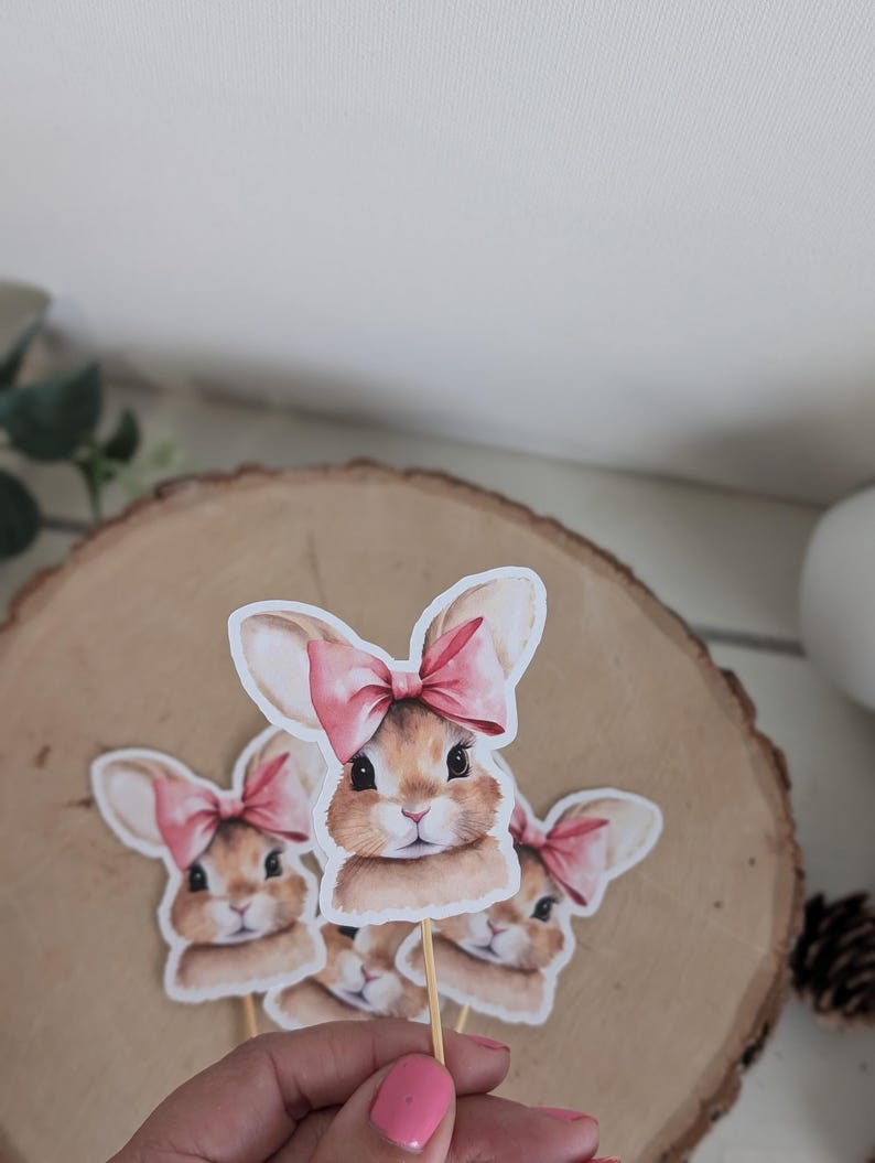Bunny Cupcake Toppers With Pink Bows, Easter Baby Shower Decorations ...