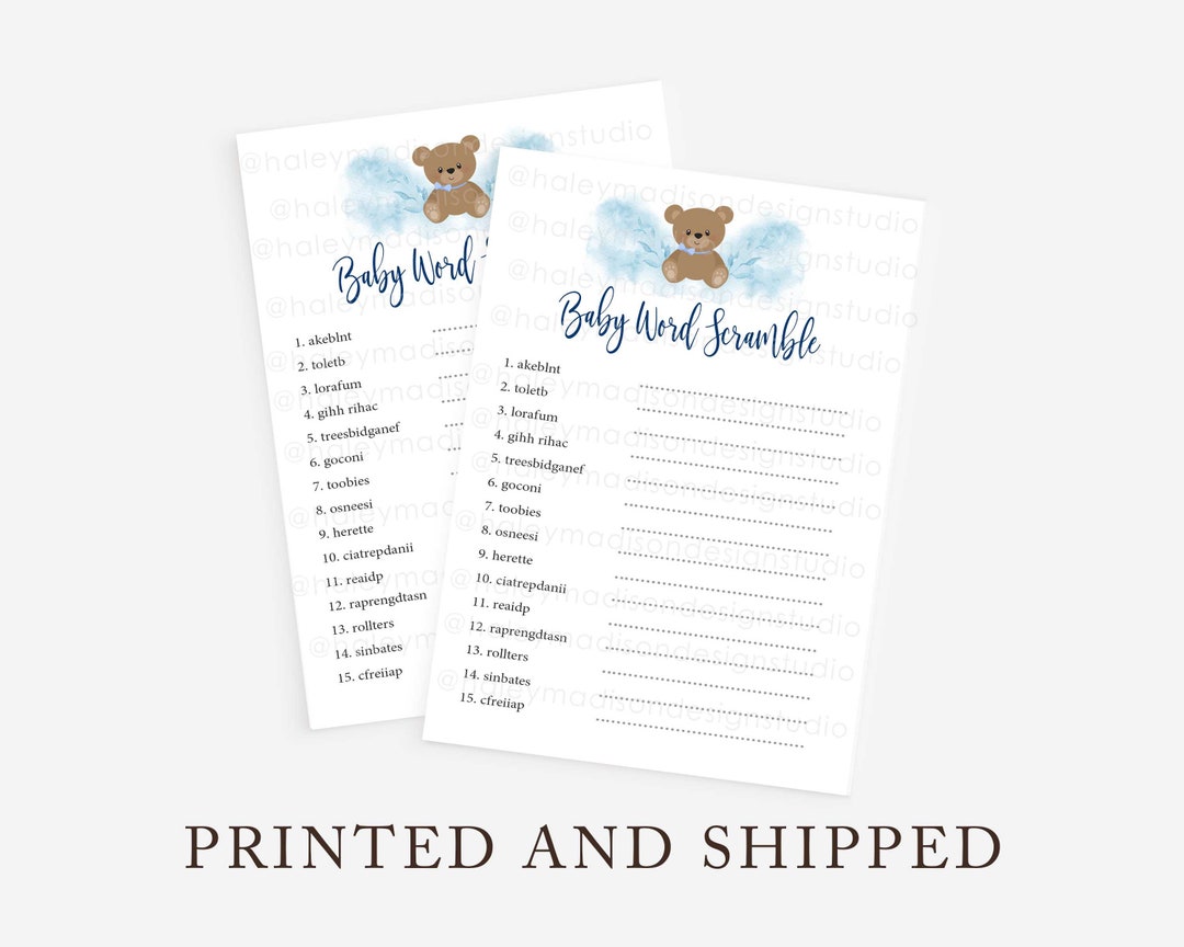 BLUE Teddy Bear Word Scramble Game, Baby Shower Bearly Wait Boy, Baby ...